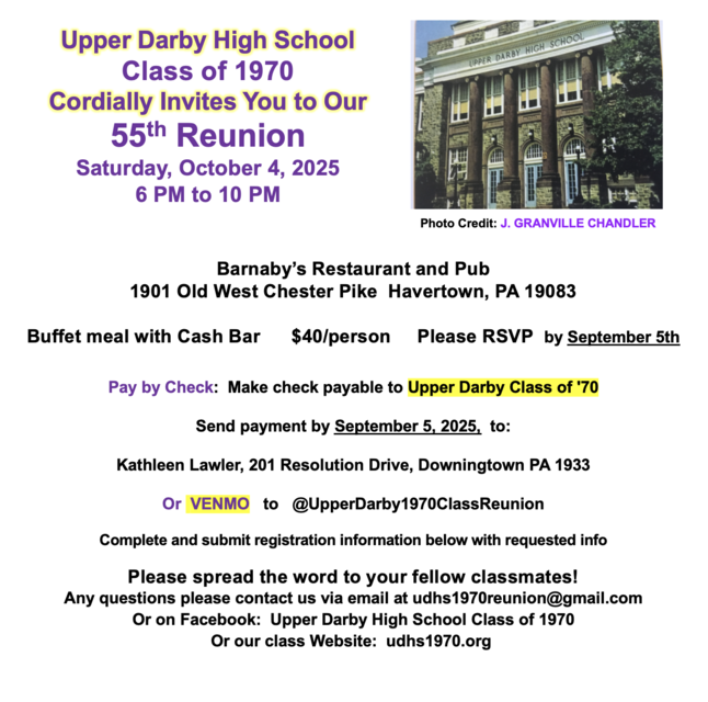 UDHS Class of 1970 Reunion Registration